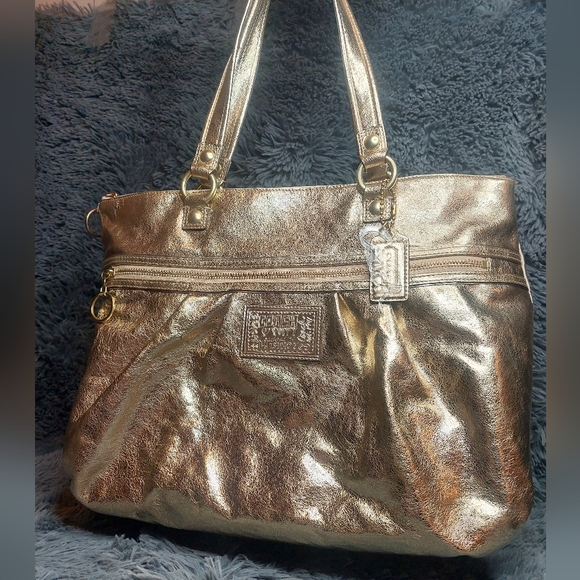 Coach | Bags | Coach Poppy Gold Metallic Tote Bag In Euc | Poshmark